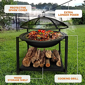 SereneLife Portable Outdoor Wood Fire Pit - 2-in-1 Steel BBQ Grill 26" Wood Burning Fire Pit Bowl w/ Mesh Spark Screen, Cover Log Grate, Wood Fire Poker for Camping, Picnic, Bonfire SLCARFP54.5