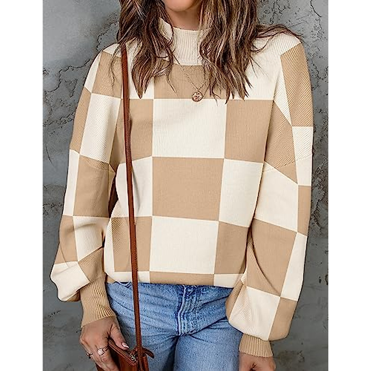 ZESICA Women's 2023 Fall Fashion Turtleneck Long Sleeve Striped Ribbed Knit Loose Pullover Sweater Tops,KhakiPlaid,Small