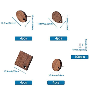 FASHEWELRY 16Pcs Wood Post Stud Earrings with Loop Teardrop Rhombus Flat Round Oval Shape Stud Earring Findings with Safety Earring Backs for Women Dangle Earring Jewelry Making