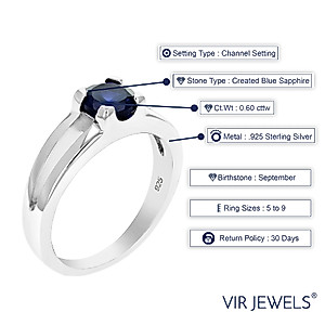 VIR JEWELS 0.60 cttw Created Blue Sapphire Solitaire Ring .925 Sterling Silver Round 6 MM Size 7