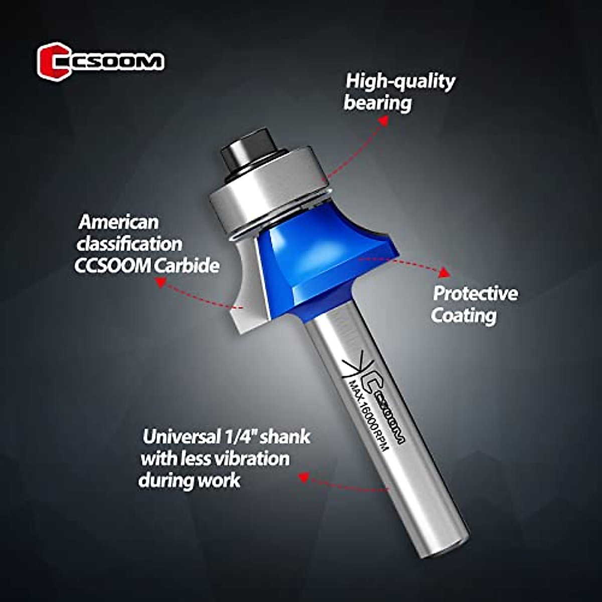 CSOOM Round Over Router Bits 4pcs, 1/4 Inch Shank, Adopt C3 Carbide.Use for Round Edges, Laminate, Particle Board, Plywood Compact Panel, and etc.