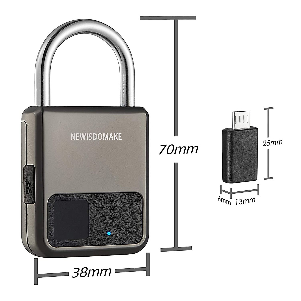 Fingerprint Padlock, Smart Padlock with USB Charging Support, Fingerprint Lock, Biometric Lock Suitable for Luggage, Bookcase, Suitcase, Backpack, Bike, School Locker, Gym Locker Lock(Gray)