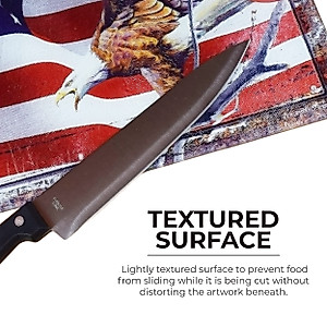 Rivers Edge Products Large 12in x 16in Decorative Tempered Glass Cutting Board, Hypoallergenic, Non Slip, Textured Surface Chopping Board for Kitchen, Bald Eagle and American Flag, American Flag Eagle