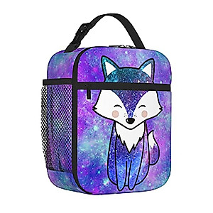 FREE LION Cute Fox Insulated Lunch Bag Blue Purple Pink Galaxy Lunch Box Reusable Lunch Tote Bento for Office Work School Picnic Beach, Leakproof Freezable Cooler Bag for Men Women Teens Kids
