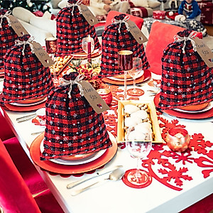 Shappy 24 Pcs Christmas Drawstring Bags Xmas Buffalo Plaid Burlap Candy Bags Linen Treat Bags with 3.28 ft Rope 24 Card (Black Red Snowflake,10 x 8 Inches)