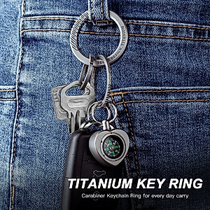 TISUR Carabiner Keychain Ring Titanium Heavy Duty Split Rings for Men and Women (1pc round key carabiner+3pcs Large key rings)