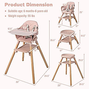 BABY JOY Baby High Chair, 6 in 1 Convertible Wooden High Chair for Babies & Toddlers with Adjustable Legs, Double Removable Tray, Safety Harness & Waterproof PU Cushion (Pink)