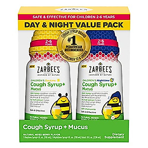 Zarbee's Kids Cough + Mucus Day/Night Value Pack for Children 2-6 with Dark Honey, Ivy Leaf, Zinc & Elderberry, 1 Pediatrician Recommended, Drug & Alcohol-Free, Mixed Berry Flavor, 2x4FL Oz