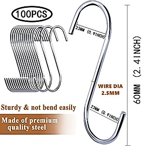 RHBLME S Hooks for Hanging, 100-Pack S Shaped Hooks for Hanging Plants, 2.4 Inch Stainless Steel S Hooks Heavy Duty, Durable S Shaped Hooks for Kitchen,Pots, Pans, Plants, Bags, Cups, Clothes