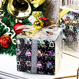 LeZakaa Christmas Holographic Wrapping Paper - Mini Roll - Reindeer and Bell Print for Gift Wrap - 17.32 inches x 32.8 Feet (47.23 sq.ft.)