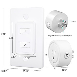 LoraTap Mini Wireless Remote Control Outlet Plug Adapter (2 Pack) with Remote, 2 Channel Wall Switch, 656ft Control Range for Indoor Lamps and Home Appliances, No Hub Required, 10A/1100W, White