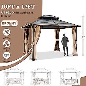 EROMMY 10'x12' Metal Steel Gazebo, Outdoor Aluminum Hadtdop Canopy with Netting and Shaded Curtains, Double Roof Pergolas, Permanent Metal Pavilion for Patio, Backyard, Deck，Lawns，and Pool