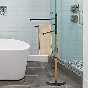 MyGift 40 Inch Black Steel Freestanding Bathroom Towel Rack with 3 Swivel Arms and Oak Wood-Tone Finish, Indoor and Outdoor Pool Spa Towel Holder