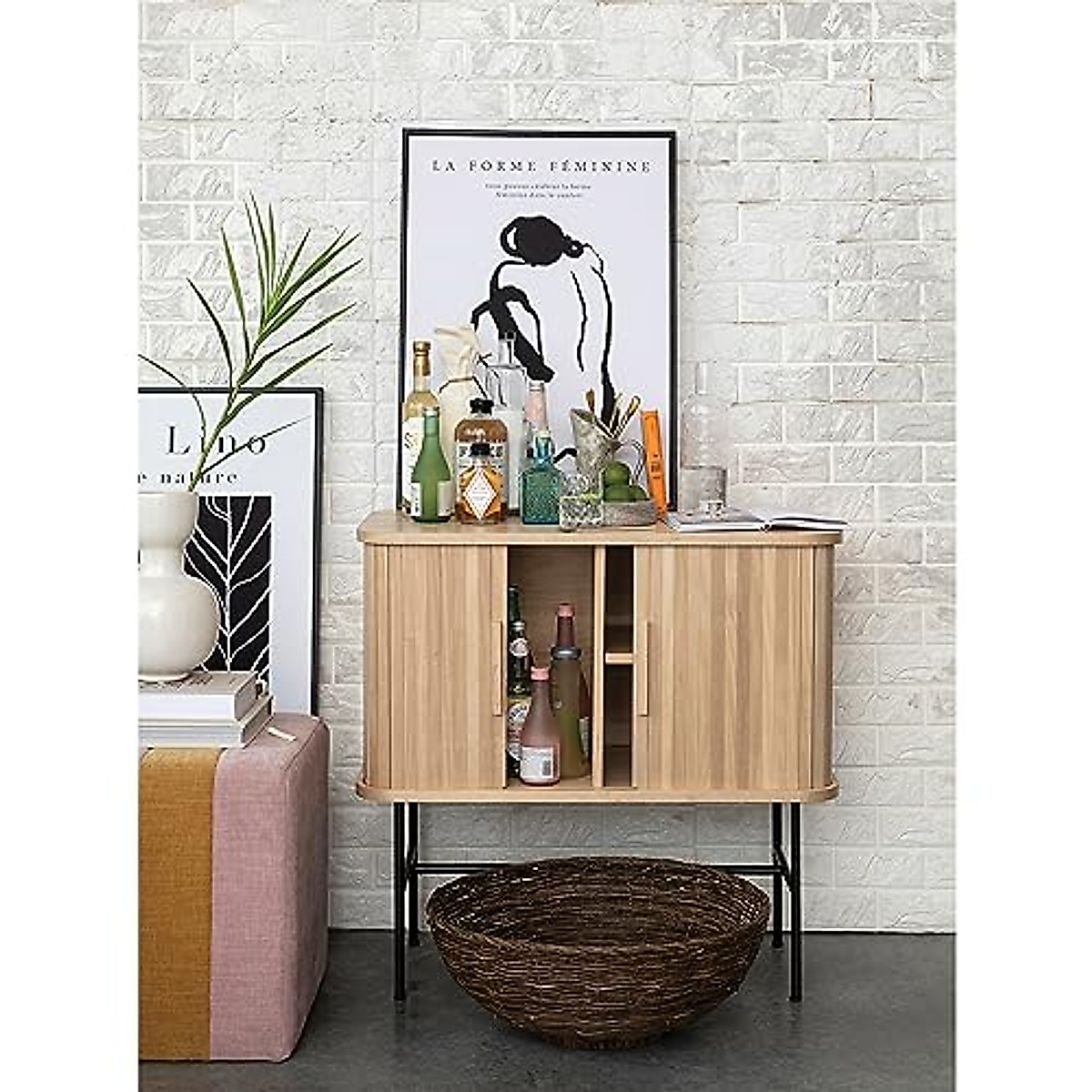 Bloomingville, Natural Wood and Metal Cabinet with Sliding Doors and 3 Storage Compartments, Black