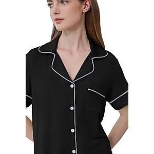 Ladies Button Down Pj Sets Jersey Knit Pajama Short Sleeve Loungewear lightweight/Lightweight(Black,Small)