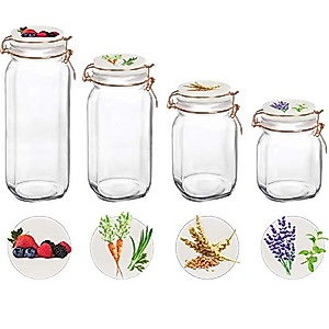 Circleware Vegetable Decal Glass Canisters Shaped with Ceramic Lids, Set of 4 Kitchen Glassware Food Beverage Preserving Containers for Coffee, Sugar, Tea, Spices, Cereal, 66 oz, 49 oz, 30 oz, 22 oz