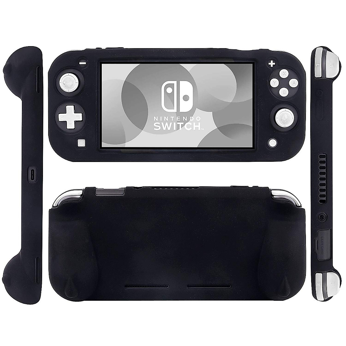 Silicone Protective Case for Nintendo Switch Lite, Soft Grip Case Cover with Comfort Ergonomic Handles for Nintendo Switch Lite 2019 [Self Stand][4 Thumb Stick Caps] (Black)