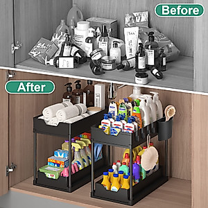 Omloon Under Sink Organizers and Storage,2 Tier Sliding Basket Bathroom Organizer, Under Cabinet Storage Rack with Hooks, Hanging Cup Multi-purpose Drawer Shelf for Bathroom Kitchen Countertop, Black