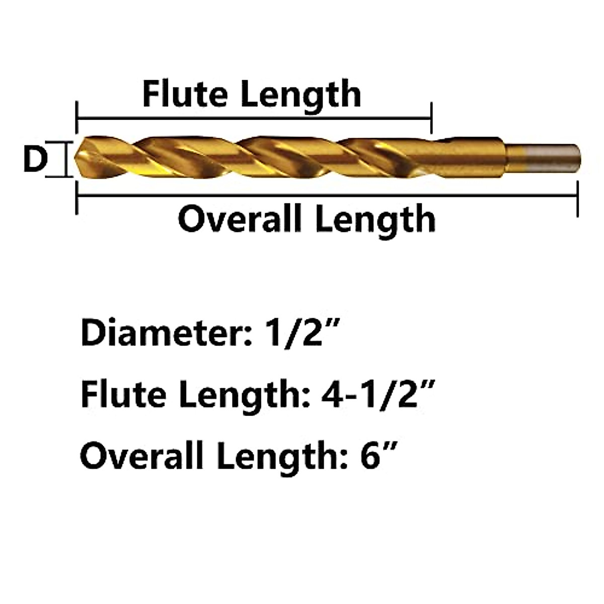 VALYRIANTOOL Titanium Drill Bit Set 5PCS 1/2" HSS Jobber Drill Bits, Premium 4341 High Speed Steel Drill Bits Set with 3/8" Reduced Shank for Drilling on Mild Steel, Copper, Aluminum (1/2"(5PCS))