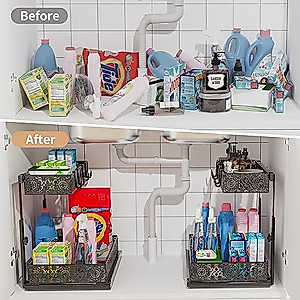 Adjustable Height Under Sink Organizers and Storage, Iirios 2 Pack Metal Slide Out Cabinet Organizer, Under Sink Shelf Cabinet Organizer with Hooks, Multi-Use for for Bathroom Kitchen Organization