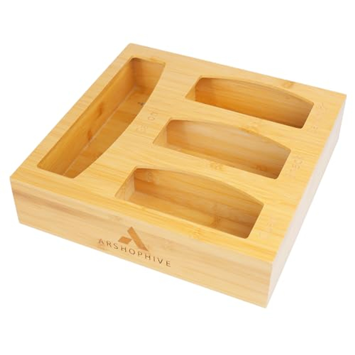 ARSHOPHIVE Bag Storage Organizer for Kitchen Drawer, Bamboo Organizer, Compatible with Gallon, Quart, Sandwich and Snack Variety Size Bag (1 Box 4 Slots) (Natural)