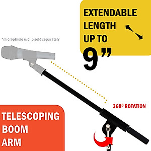 Stage Rocker Foldable Tripod Low-Profile Mic Boom Stand - Height Extending from 9.6'' to 16.9'', w/Adjustable Telescoping Arm Up to 9'', Lightweight/Convenient, Black, Powered by Hamilton(SR610121B)