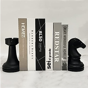 Decorative Chess Bookends for Shelves, Book Ends Decorative for Office Heavy Books, 7x7x4 inches, Black,1Pair/2Piece (Chess)