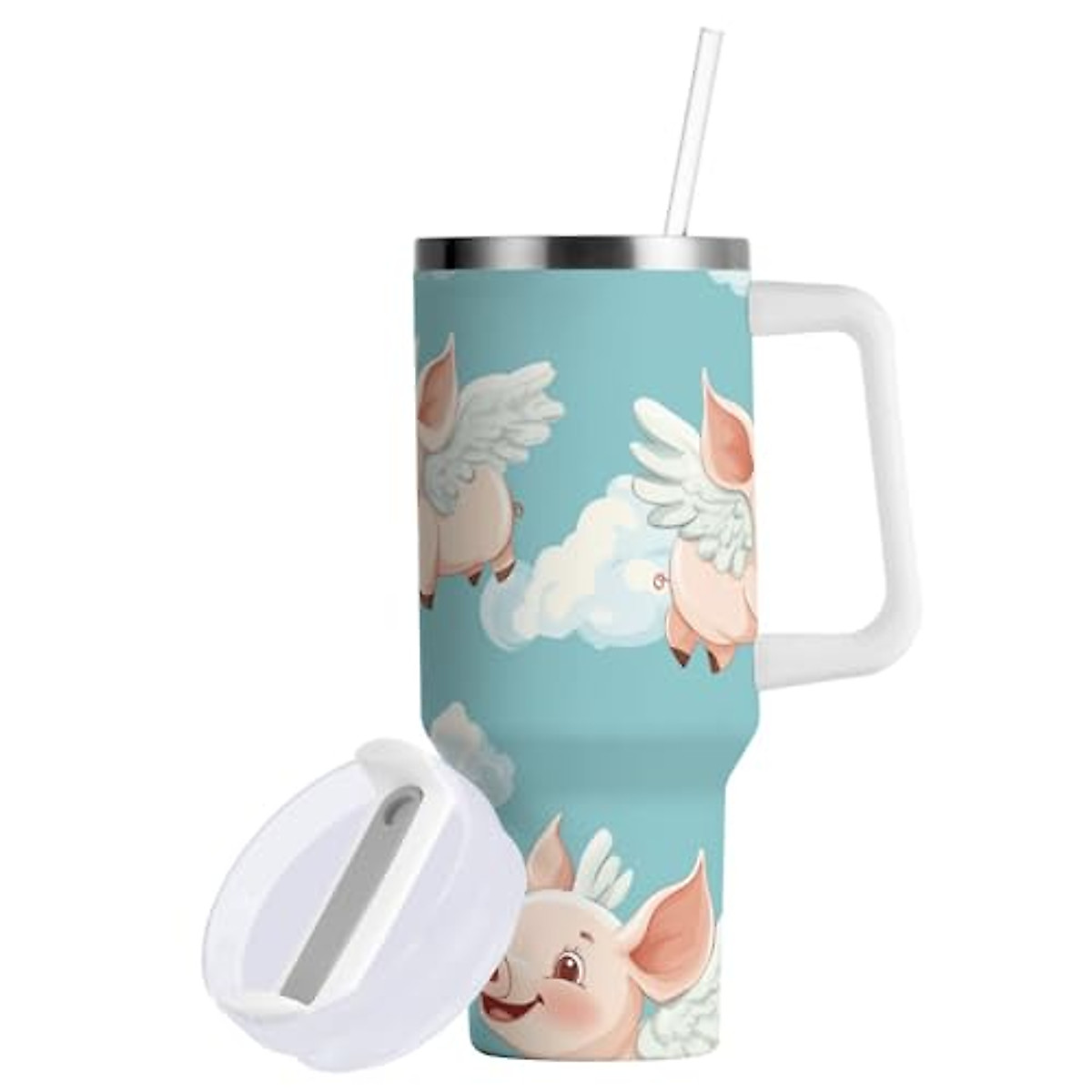 Wusikd Flying Piglets Tumbler Handle Lid and Straw Cute Water Bottle Stainless Steel Coffee Travel Tumbler Mug Cup Gifts for Men Women 30oz