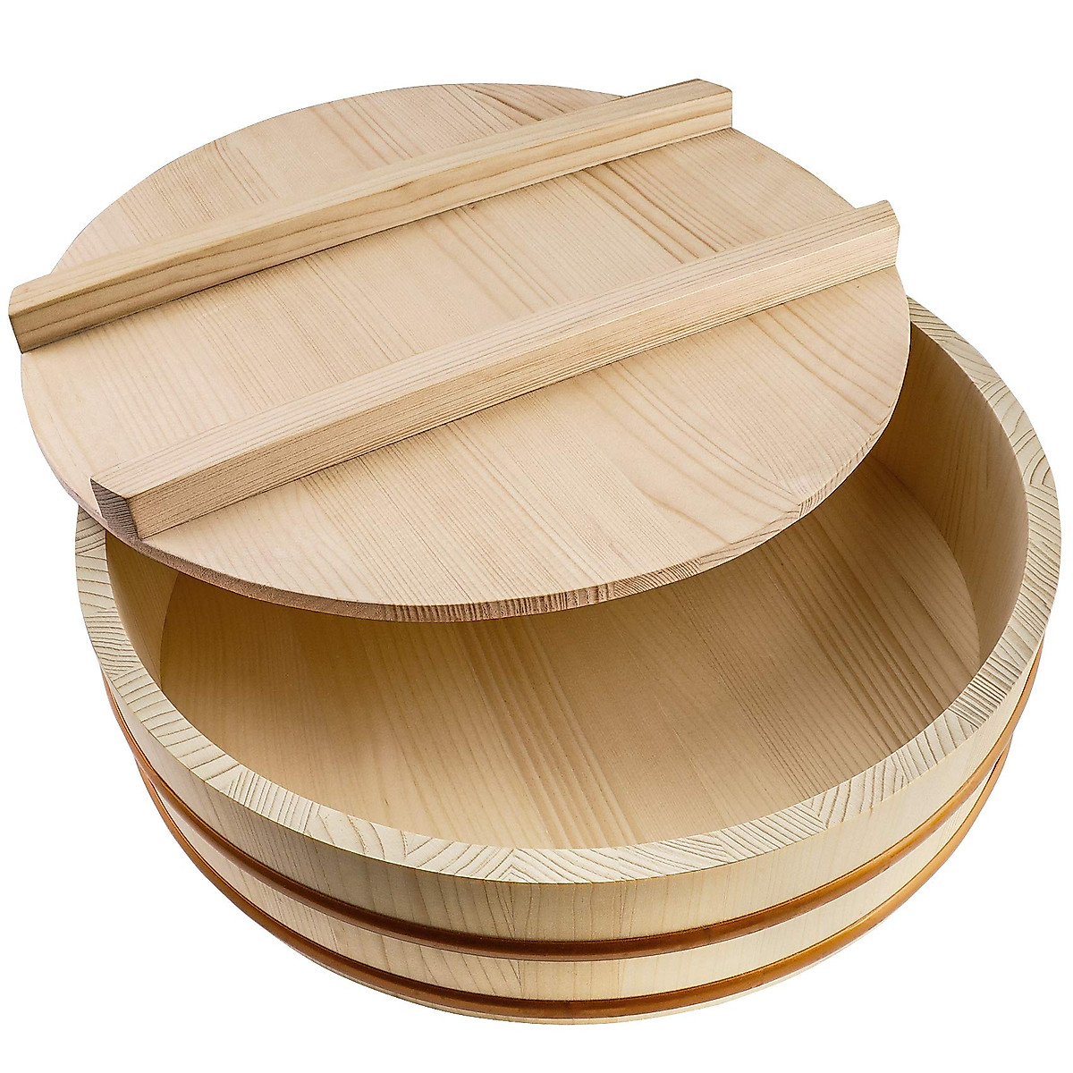 Kichgather Wooden Sushi Rice Bowl with Lid Hangiri Sushi Oke Sushi Rice Mixing Tub (14.2 ” with lid)