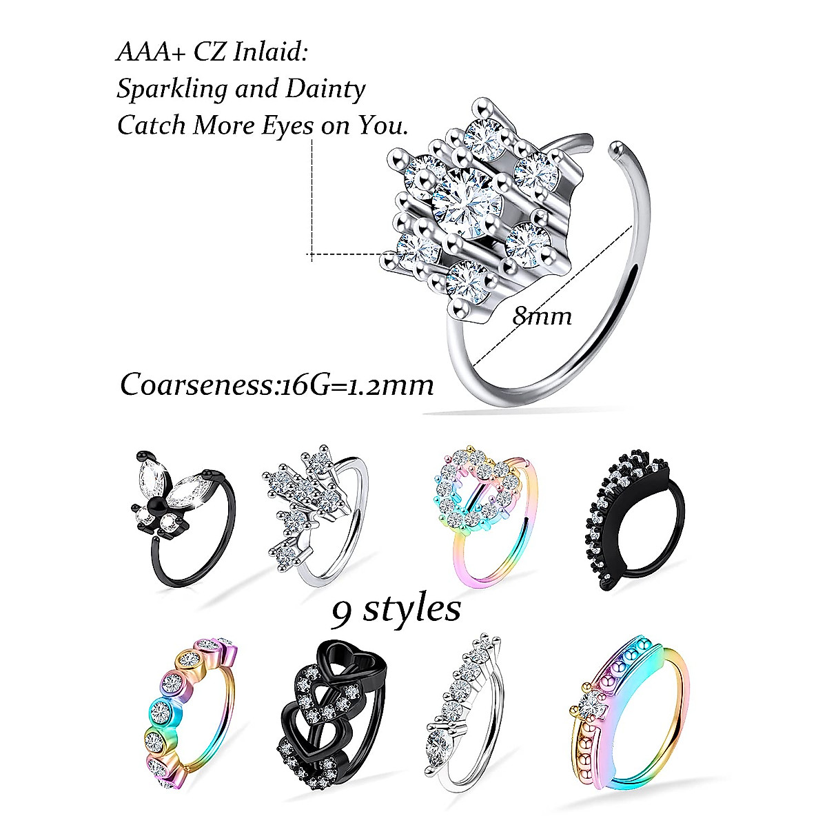 Vsnnsns 20G Nose Rings Hoop Mix Color Nose Piercing Jewelry Stainless Surgical Steel Daith Rook Cartilage Helix Earrings Hoop Ear Nose Septum Rings Body Piercing Jewelry for Women Men 8mm