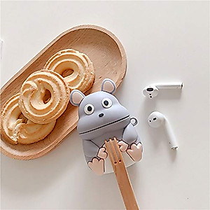 ICI-Rencontrer Compatible with Earbuds Case Airpods 1 & 2, Kids Girls Women 3D Cute Vivid Distinctive Grey Hippo Mice Animals Design Wireless Charging Earphone Soft Silicone Shockproof Protector Hook