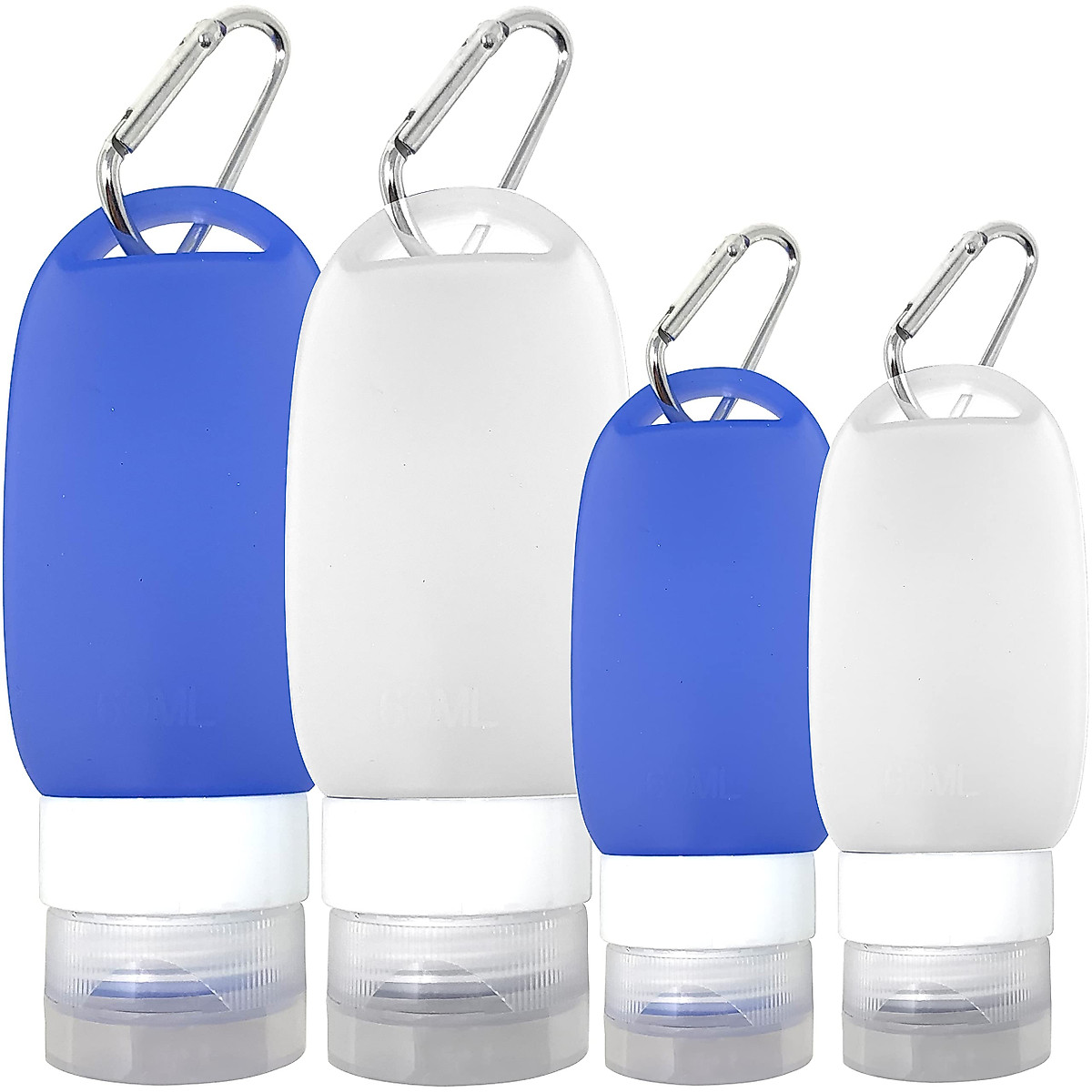 Silicone Travel Bottle Set TSA Approved Leak Proof Squeeze Bottles for Shampoo, Lotion & Liquid Toiletries (2 oz & 1.4 oz Containers) with Carabiner Clips