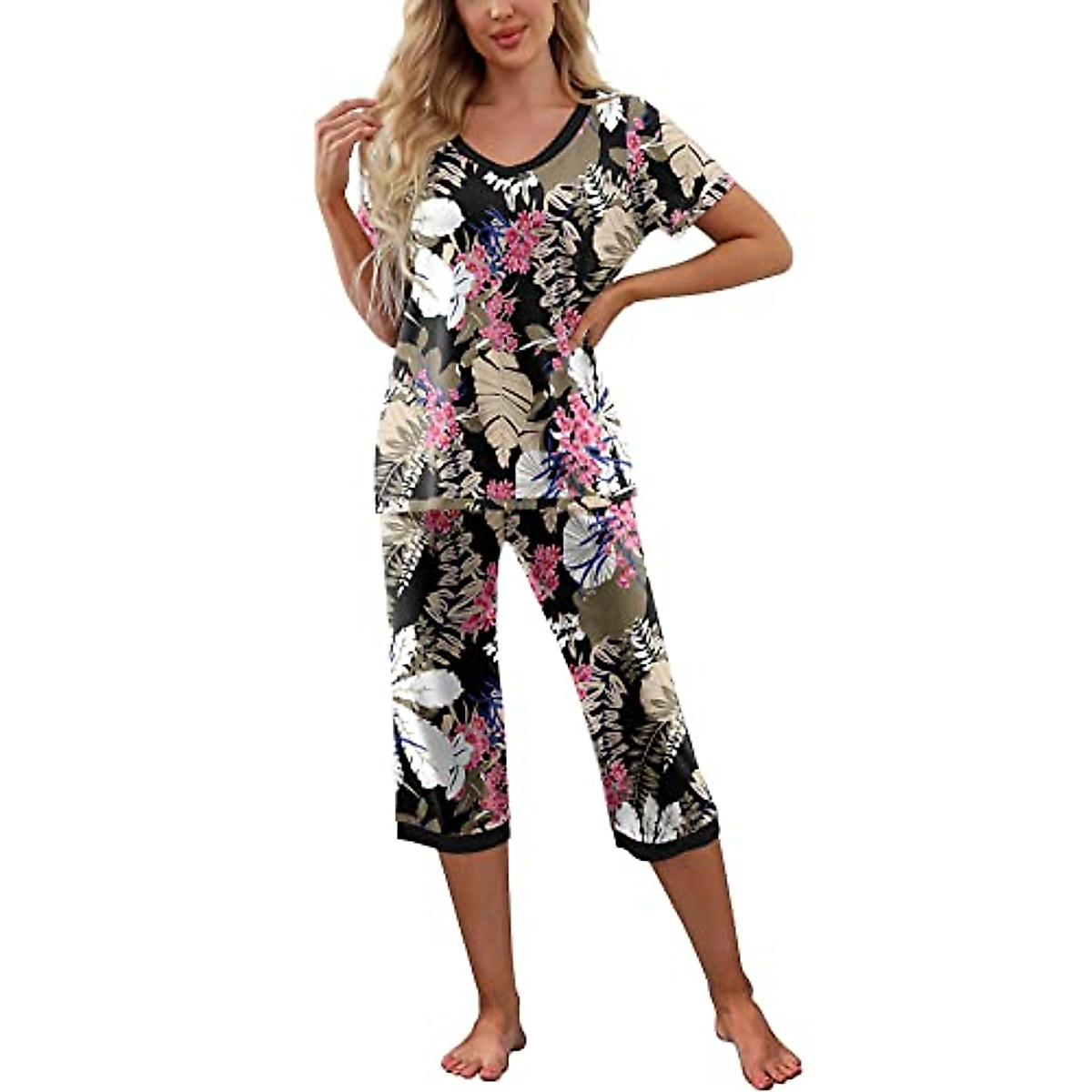 PrinStory Women's Pajama Set Short Sleeve Shirt and Capri Pants Sleepwear Pjs Sets with Pockets FP-Big Leaf Pink-Large