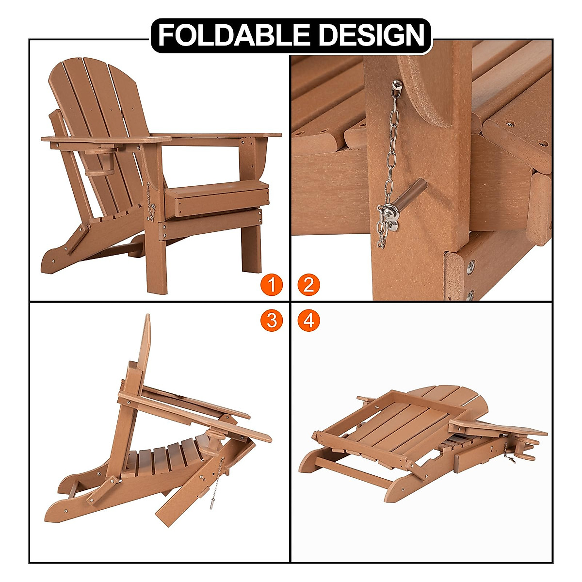 nalone Adirondack Chairs with Table Set, Folding Adirondack Chair Set of 2 with Cushions with 2 Layer Outdoor Side Table, HDPE Plastic Patio Chairs with End Table for Outdoor, Fire Pit, Deck (Teak)