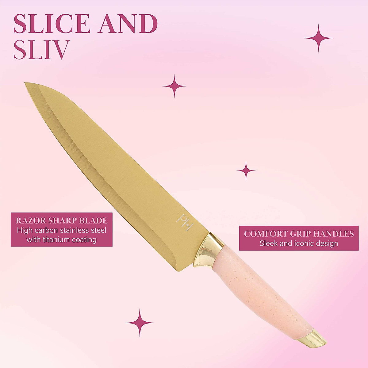 Paris Hilton Reversible Bamboo Cutting Board and Cutlery Set with Matching High Carbon Stainless Steel Knives, Blade Guards, Sleek Yet Comfortable Handle Grips, 7-Piece Set Gold, Pink