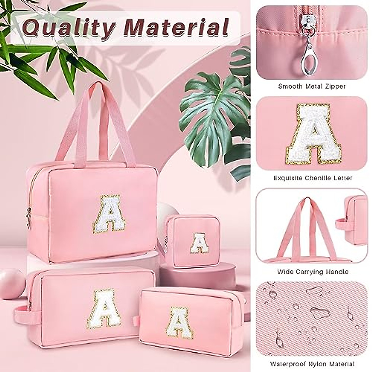 TOPEAST Makeup Bag Set, 4 Pack Initial Cosmetic Bags Chenille Letter Bags Travel Toiletry Bag Waterproof Nylon Makeup Pouch with Handle, Personalized Birthday Gift for Women Girls, Letter A