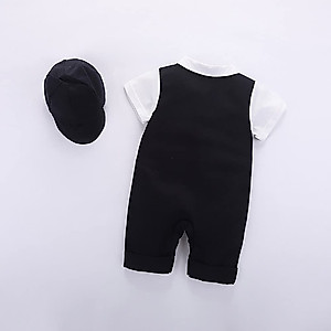 IDOPIP Baby Boy One-Piece Rompers Short Sleeve Jumpsuit Gentleman White Shirt Waistcoat Bowtie Tuxedo Formal Suit Infant Birthday Wedding Christening Outfit Clothes with Hat Black + Hat 6-9 Months