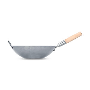 Craft Wok Flat Hand Hammered Carbon Steel Pow Wok with Wooden and Steel Helper Handle (14 Inch, Flat Bottom) / 731W316
