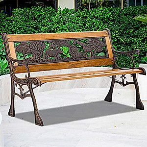 Hkeli Park Garden Bench Terrace Outdoor Children's Bench Metal Solid Wood Bench with armrests, Suitable for Park Yard Terrace Lawn Terrace, Bronze
