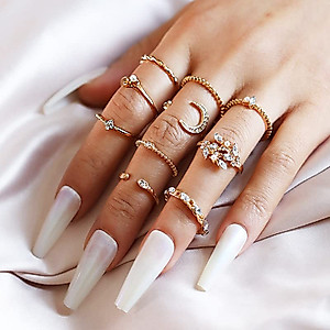 INENIMARTJ Boho Rings for Women Teen Girls,Gold Stacking Rings Set Stackable Knuckle Moon Star Heart Leaf Mid Finger Rings (Moon Star Rings)