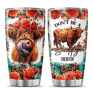 Salty Heifer, Tumbler 20 Oz With Lid And Straw, Leopard Print Flower Floral, Highland Cow Gifts