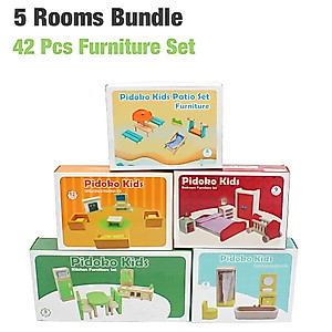 Pidoko Kids Dollhouse Furniture -Fully Furnished Bundle Set - (42 Pcs for 5 Rooms) - Wooden Toys
