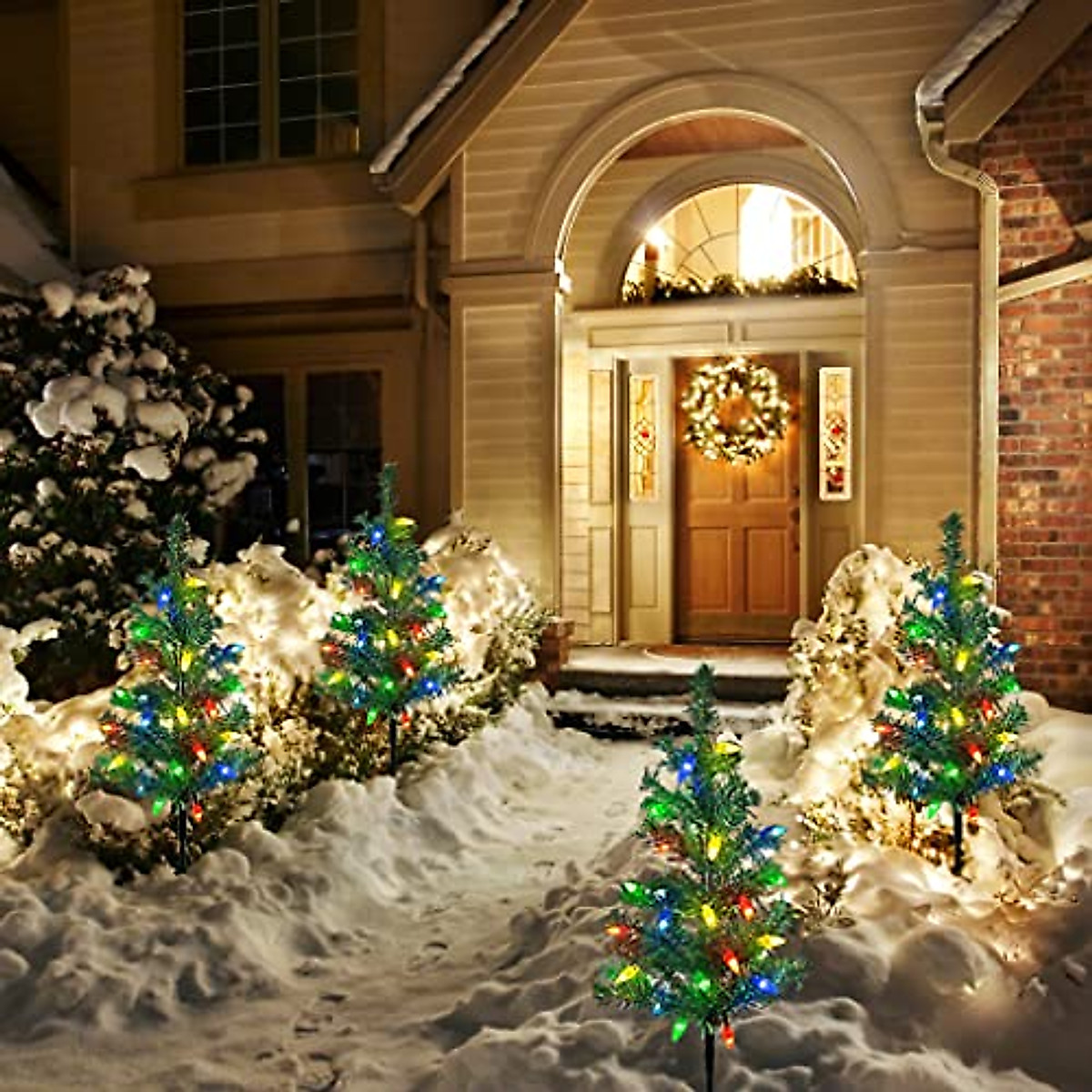 Windpnn Upgraded 4-Pack Solar Christmas Garden Stake Lights, Decorative Xmas Tree Solar Christmas Yard Stake Outdoor Waterproof Christmas Pathway Lights for Christmas Decoration Garden Patio Yard