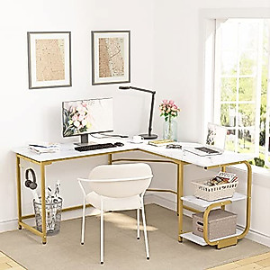Merronix L Shaped Desk with Storage Shelves, Reversible Corner Computer Desk for Home Office, Modern Gaming L Desk with Spacious Desktop, White Marble and Gold