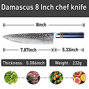 WeKit Chef Knife 8 Inch, Damascus Chef Knife Japanese VG10 Kitchen Knife Sharpest 67-Layer High Carbon Stainless Steel knife, Pro Cooking Knife, Meat Cutting Gyuto Chef Knife with Sheath