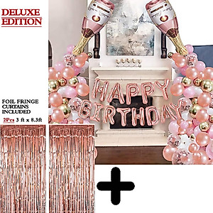 Rose Gold Birthday Decorations for Women, Include Happy Birthday Banner, Rose Gold Champagne Balloon Garland Arch Kit and 2Pcs Rose Gold Fringe Curtain