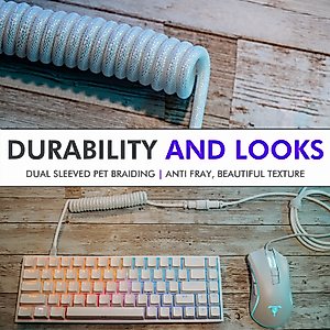 Tilted Nation Coiled USB C Cable for Mechanical Keyboard - Flexible but Tough - Detachable Aviator Coiled Keyboard Cable USB C - (5ft to 5.7ft Length) USB-A to USB-C Keyboard Coiled Cable - White