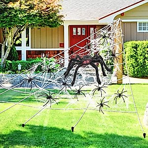 Halloween Spider Web Decoration Outside 16ft + Giant Spider 35" + Stretchy Dense Spider Silk Rope and 2 Small Spiders Triangular Huge Spider Web for Yard Outdoor