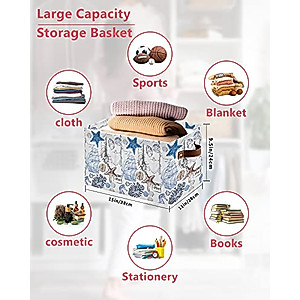 Storage Bins, Nautical Theme Marine Sail Boat Beach Starfish Shell Seashell Storage Baskets for Organizing Closet Shelves Clothes Decorative Fabric Baskets Large Storage Cubes with Handles