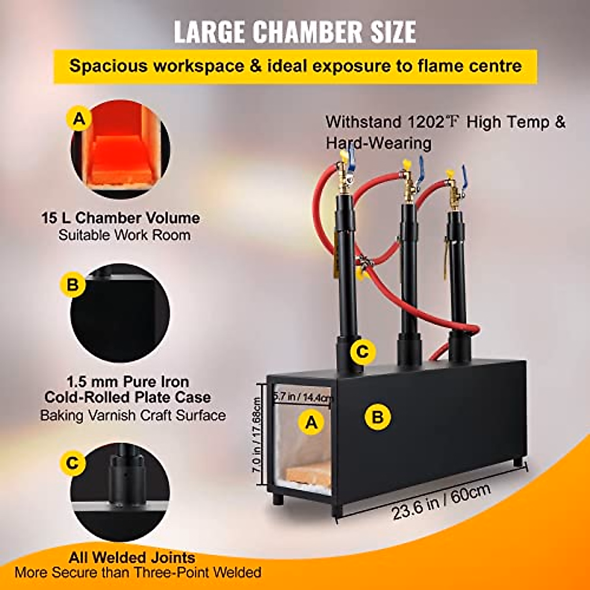 VEVOR Portable Propane Forge Three Burners and Open Structure, Propane Burner Forge Large Capacity, Square Metal Blacksmithing Forge for Knife and Tool Making Equipment